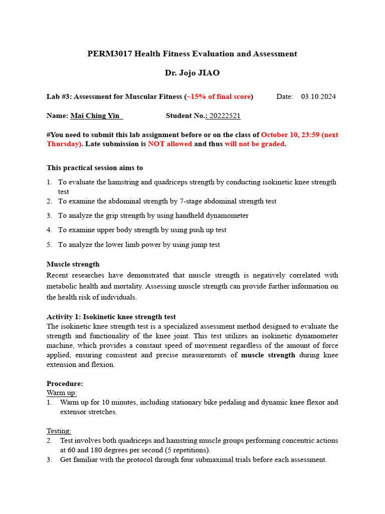 PERM3017 - Lab3 - Assessment For Muscular Fitness - Mai Ching Yin 20222521 | PDF | Knee | Human Leg