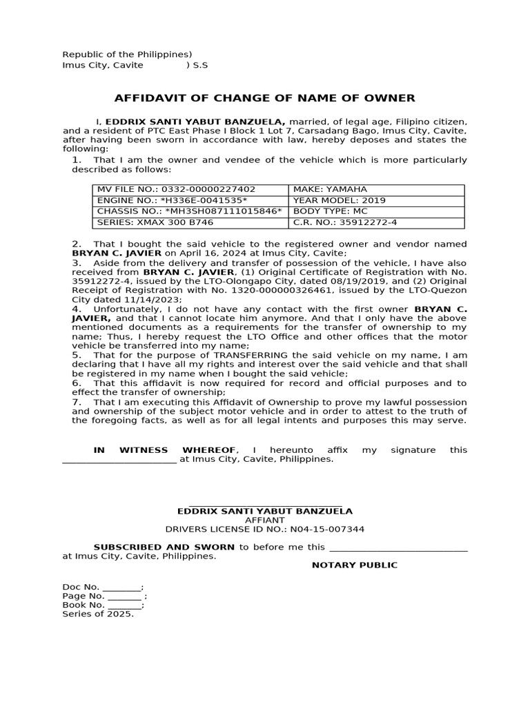 Affidavit of Change of Name of Owner-Banzuela | PDF | Affidavit