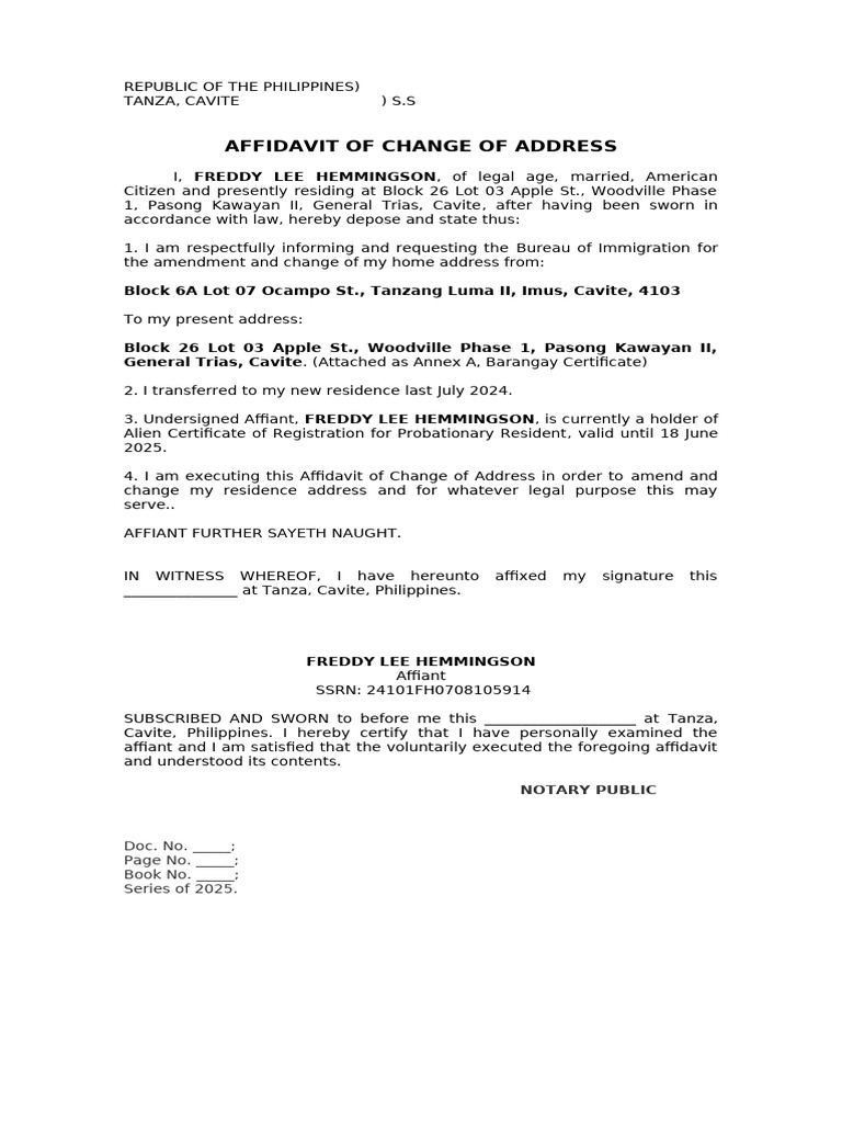 Affidavit of Change of Address - Philippines | PDF
