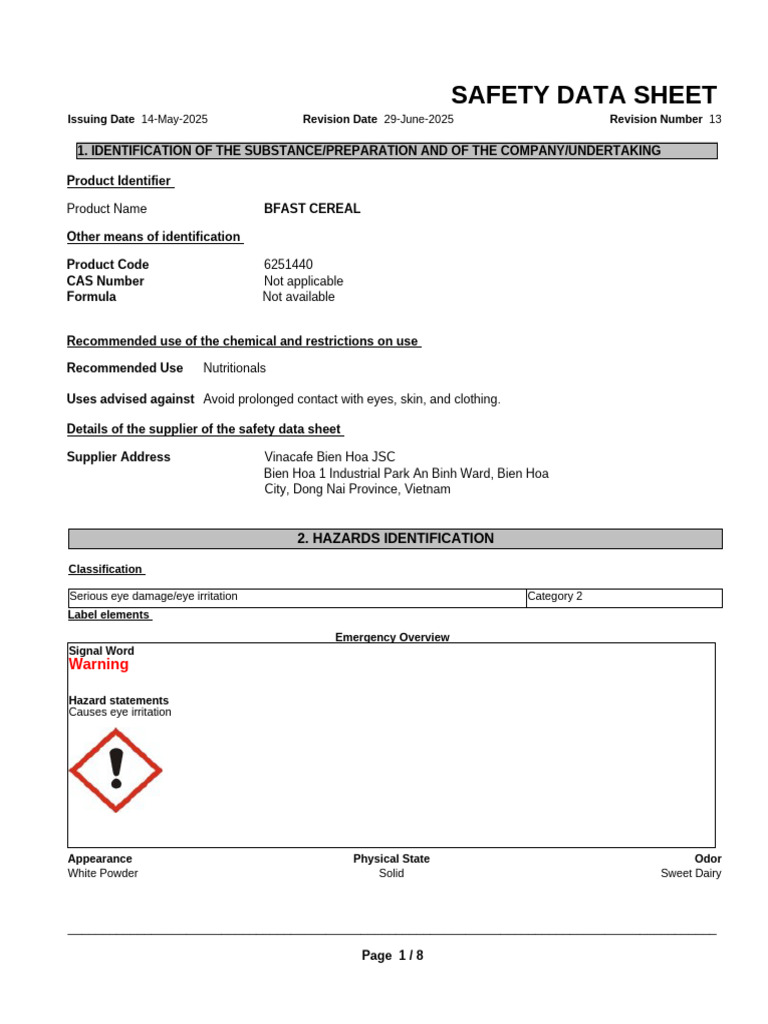 BFAST Cereal Safety Data Sheet | PDF | Personal Protective Equipment ...