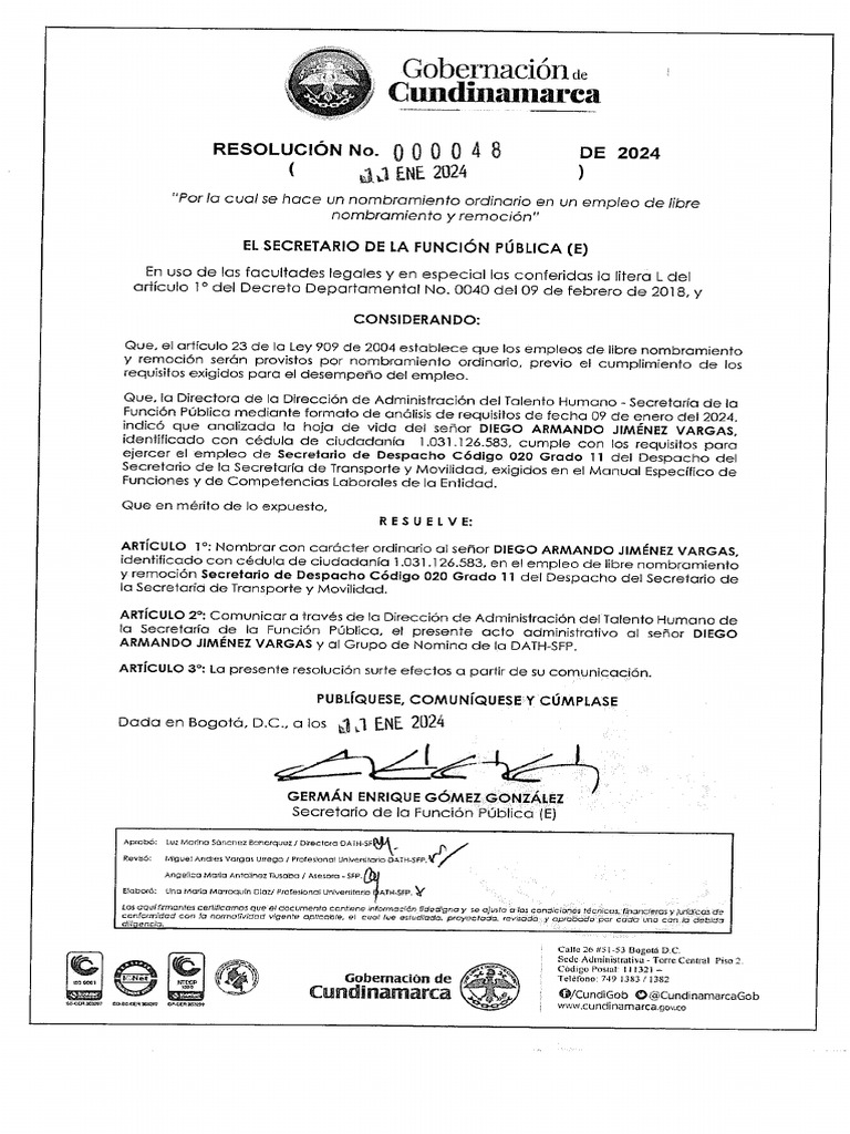 Diego Armando Jimenez Vargas Resolucion de Nombramiento | PDF