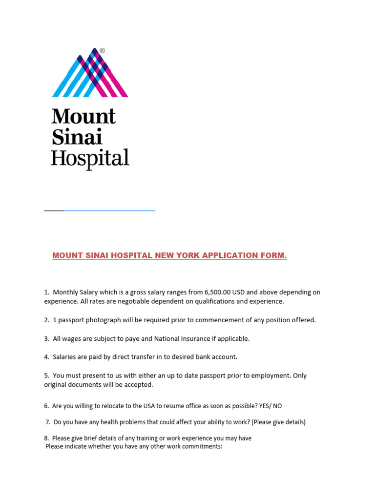 1a Mount Sinai Hospital New York Application Form 2 | PDF | Salary ...