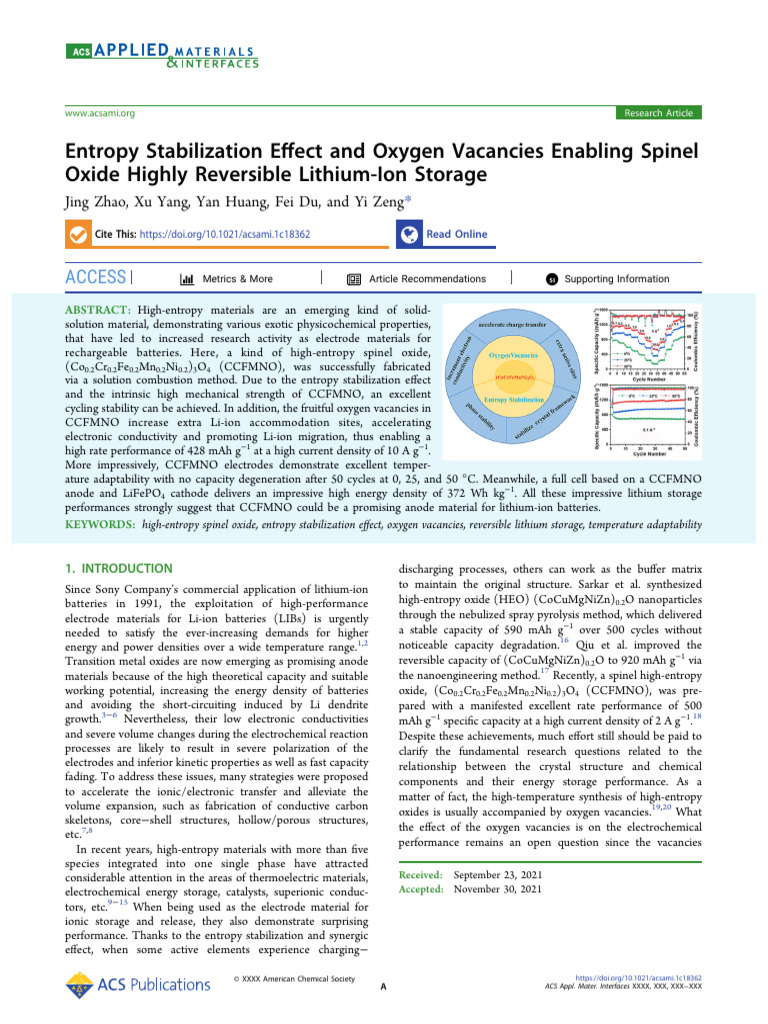 2021-ACS AMI-S-Entropy Stabilization and Oxygen Vacancies | PDF ...