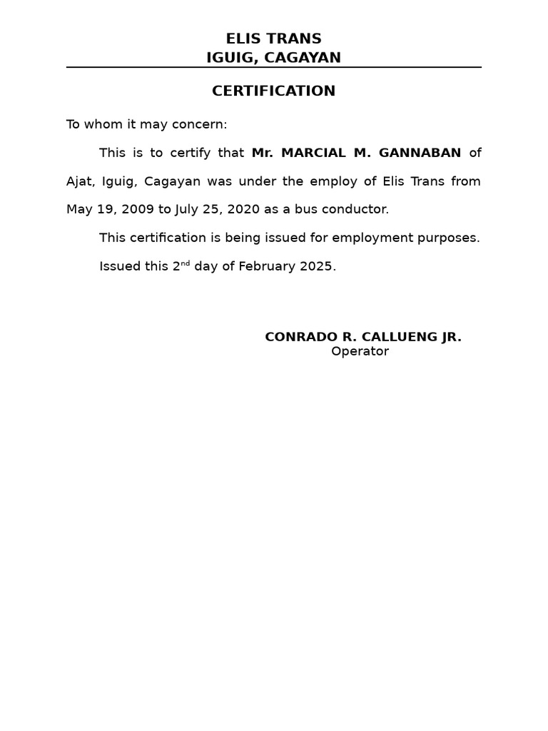 Elis Trans Iguig, Cagayan Certification: Mr. Marcial M. Gannaban | PDF