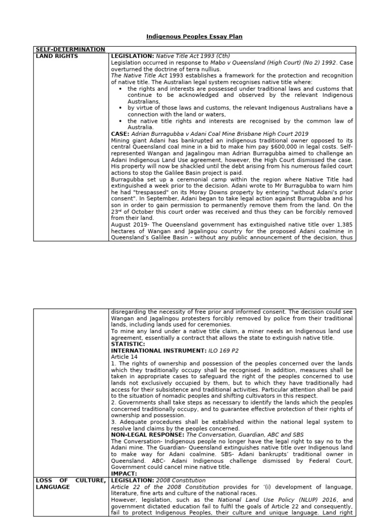 Essay Plan Indigenous Peoples Bella | PDF