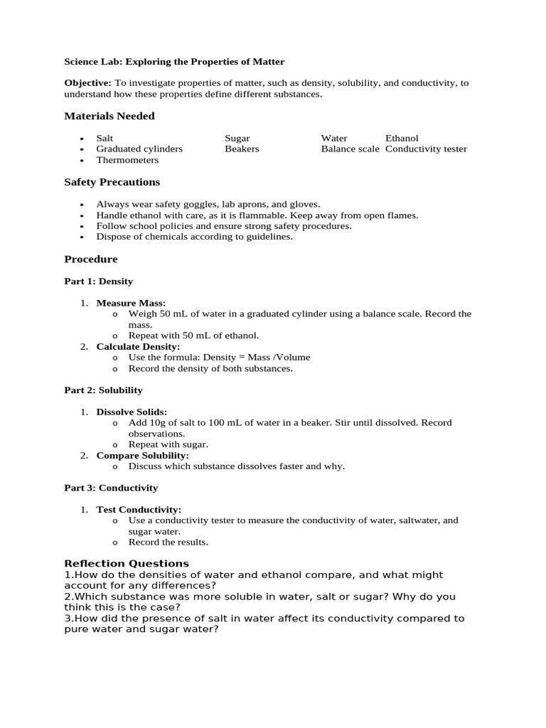 Properties of Matter Lab Activities | PDF | Density | Filtration