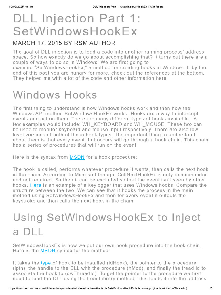 DLL Injection Part 1 - SetWindowsHookEx - War Room | PDF | Computer Science | Computer Architecture