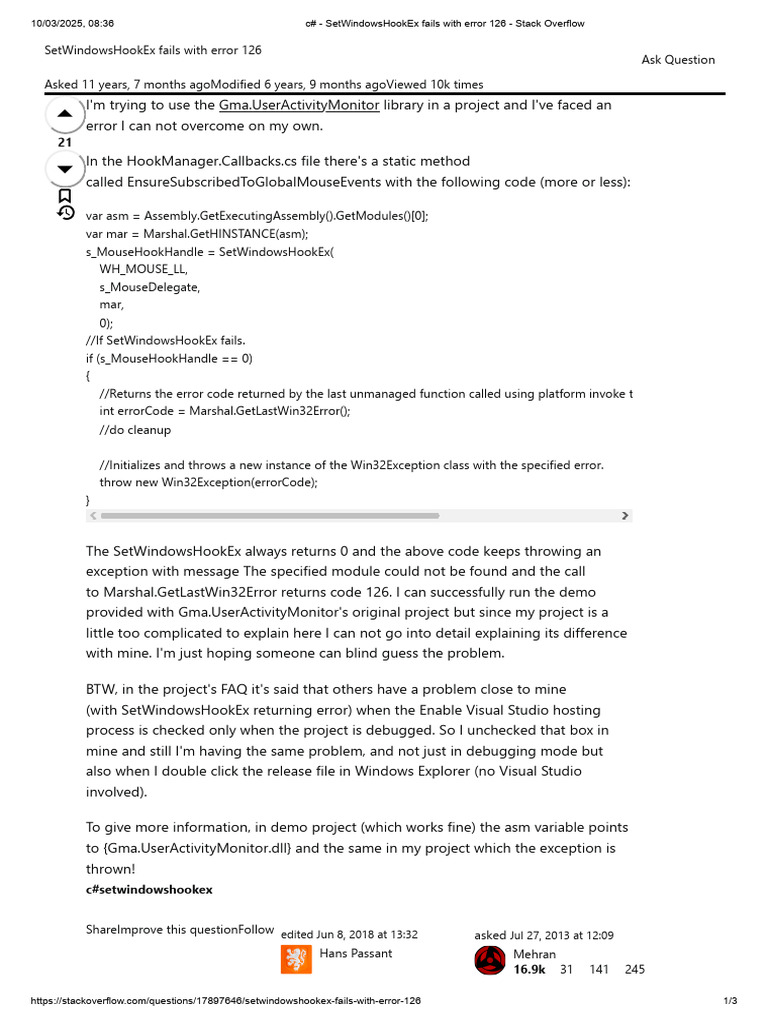 C# - SetWindowsHookEx Fails With Error 126 - Stack Overflow | PDF | C ...