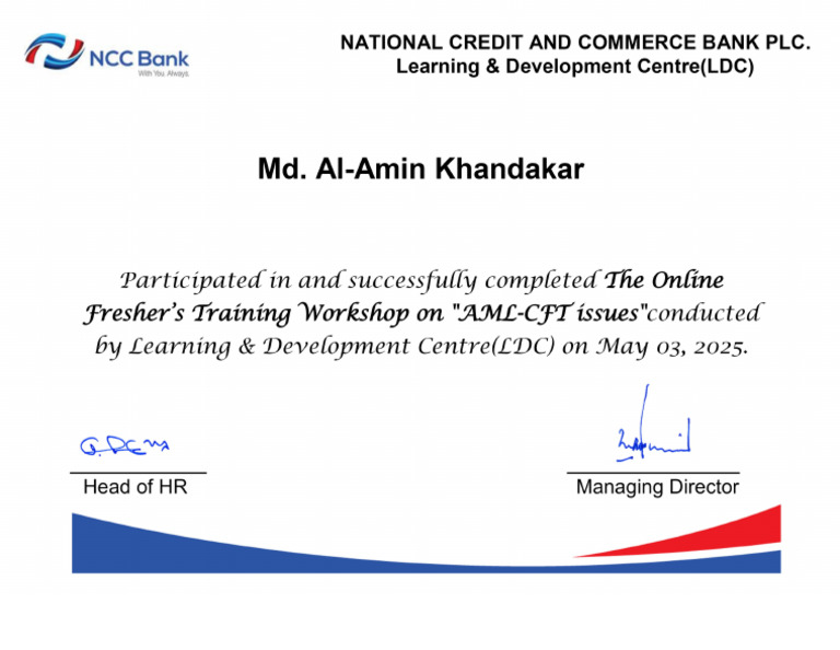 AML CFT Certificate of Md. Al-Amin Khandakar | PDF