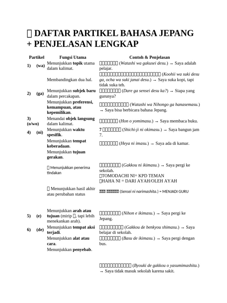 Daftar Lengkap Partikel Bahasa Jepang | PDF