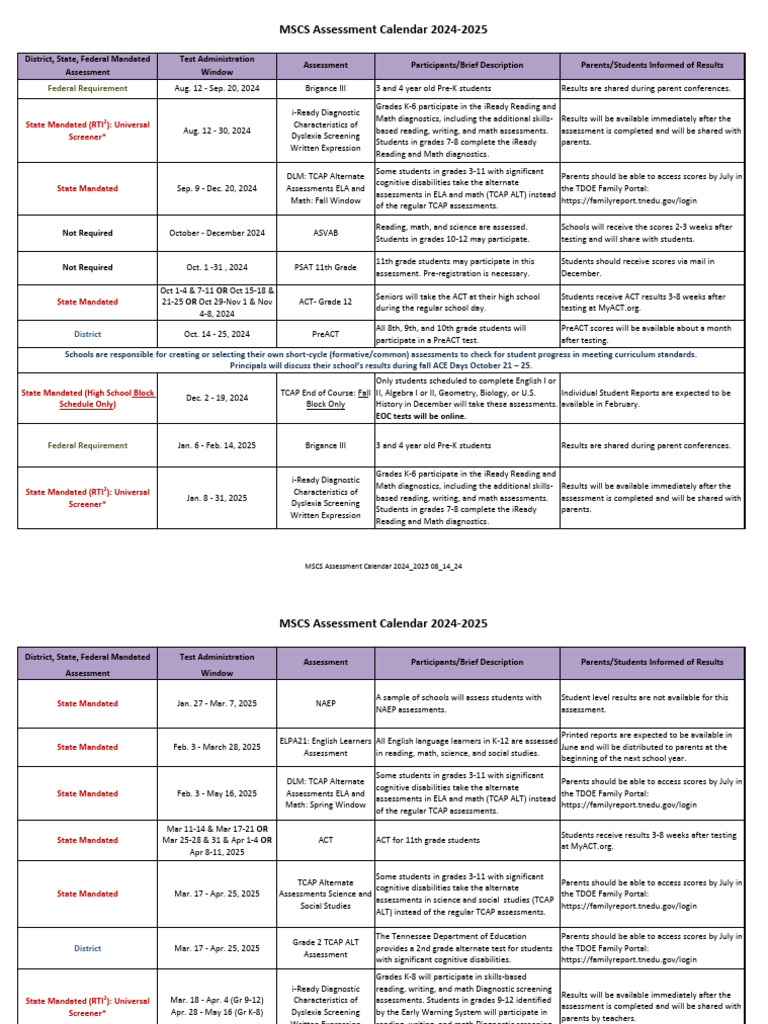 MSCS Assessment Calendar 2024 - 2025 08-14-24 | PDF | Advanced Placement