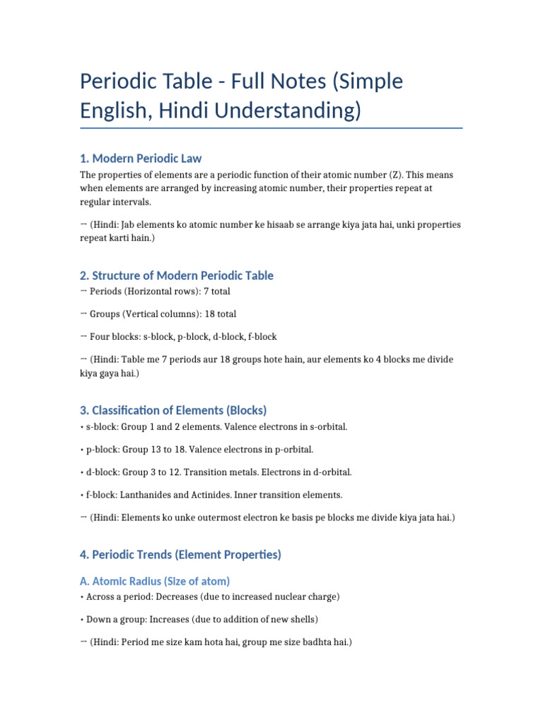 Periodic Table Full Notes English With Hindi Explain | PDF | Periodic ...