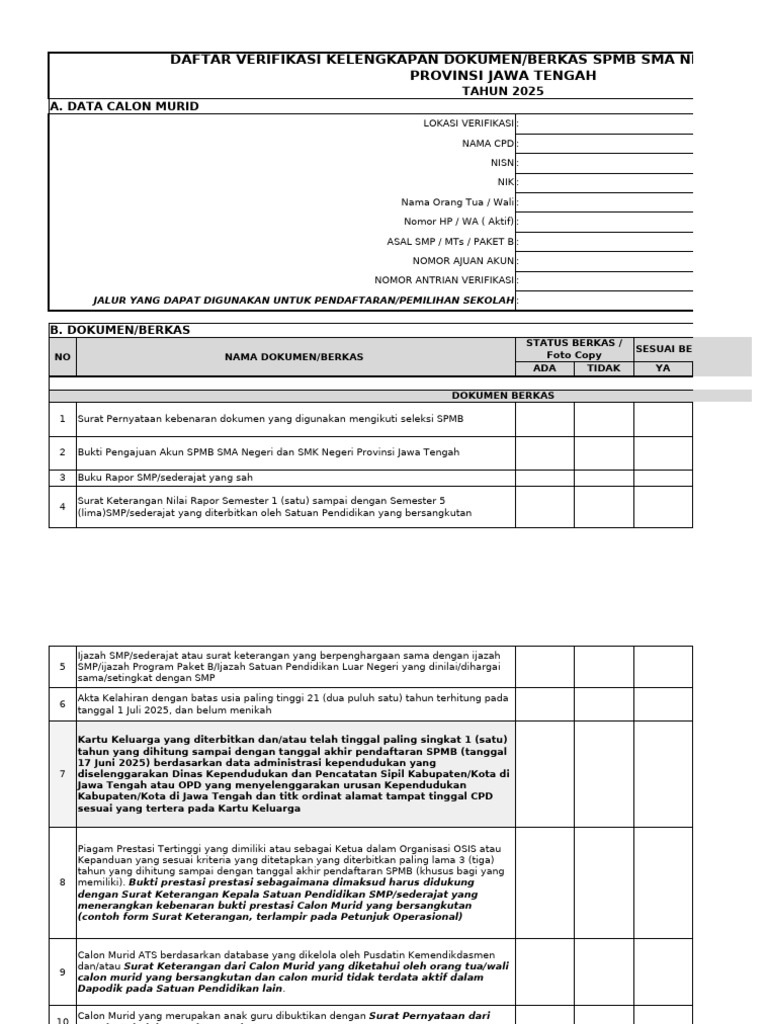 Daftar Checklist Dokumen SPMB 2025 | PDF