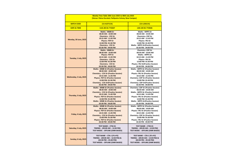 Weekly Time Table - 30-06-2025 To 06-07-2025 - 11TH & 12TH JEE | PDF