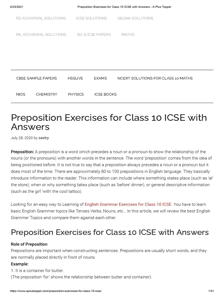 Preposition Exercises For Class 10 ICSE With Answers - A Plus Topper ...