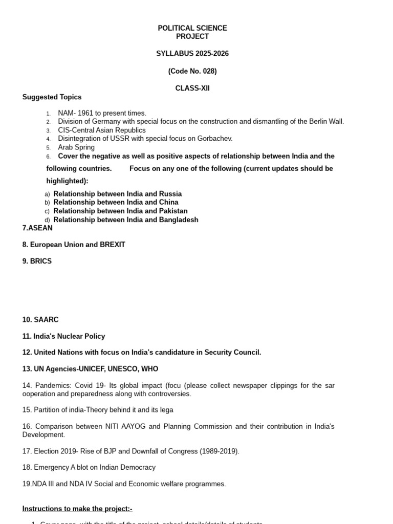 Class 12 Political Science Project Topics | PDF