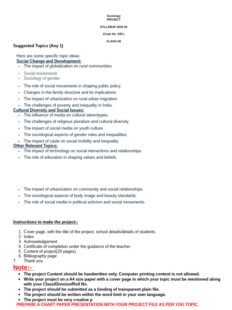 Class 12 Sociology Project Topics 2025-26 | PDF