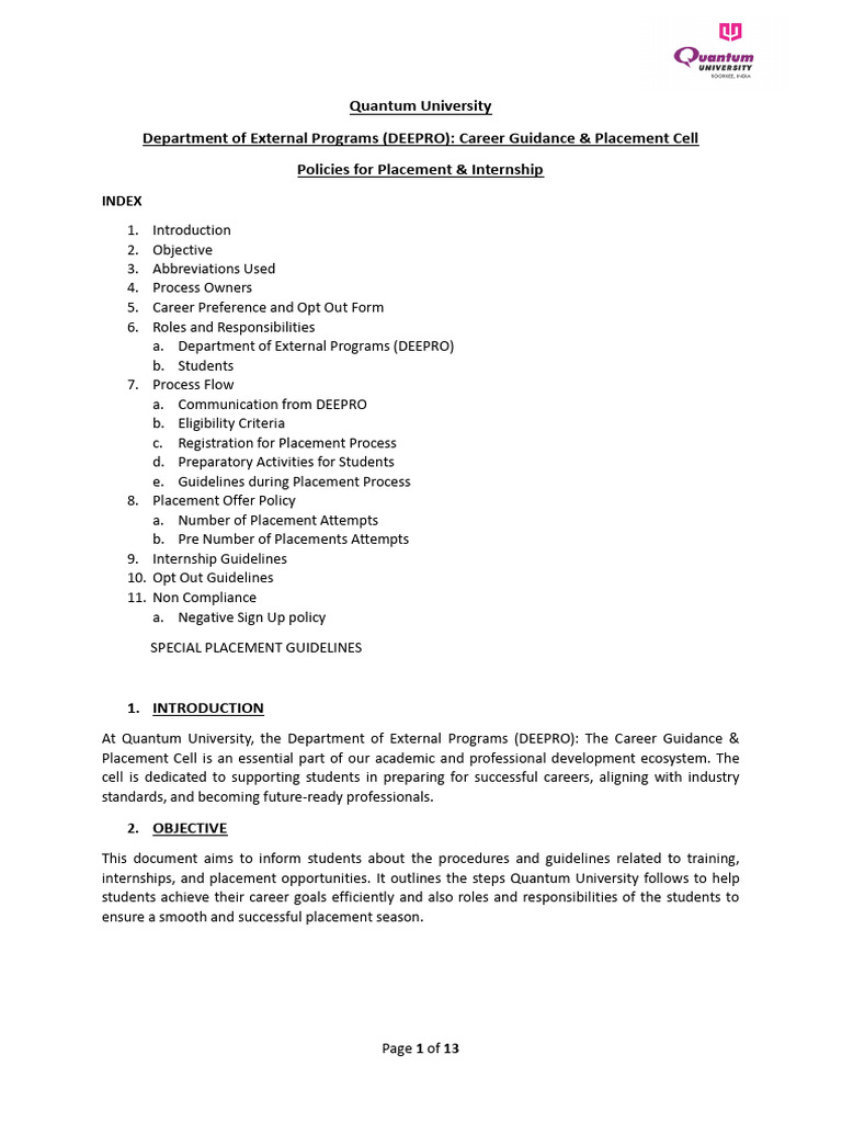 Policies For Training & Placement | PDF | Internship | Job Hunting