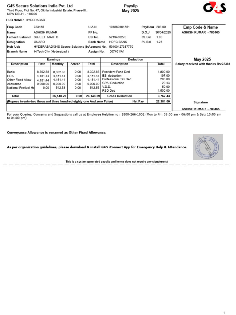G4S May 2025 Payslip for Ashish Kumar | PDF | Government Finances | Taxes