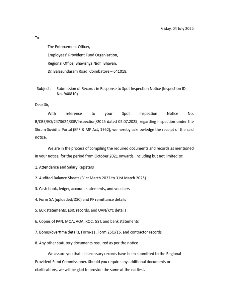 EPF Reply Letter | PDF | Business