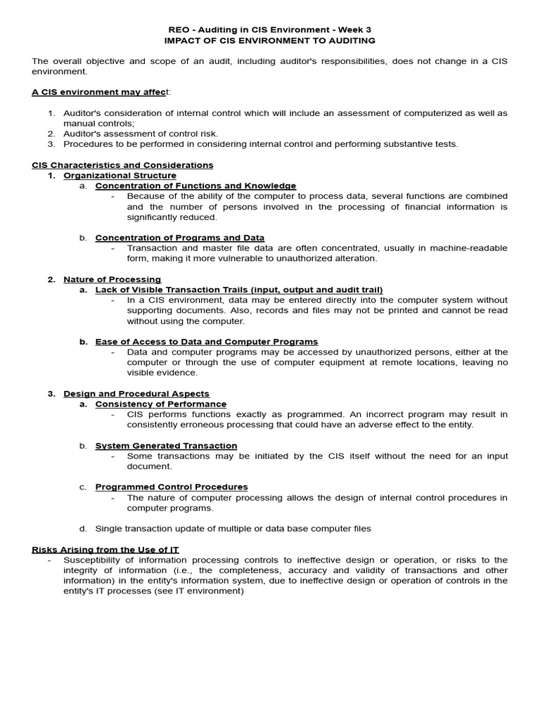REO - Week 3 - Auditing in CIS Environment | PDF | Internal Control | Financial Audit