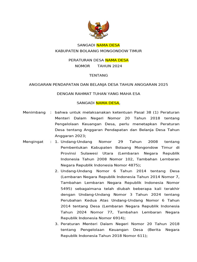 Peraturan Desa APBDes 2025 Kabupaten Bolaang | PDF