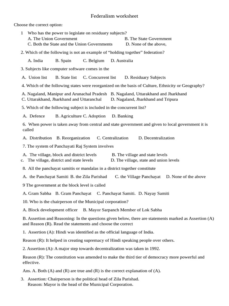 Federalism Worksheet Grade 10-1 | PDF | Government Of India