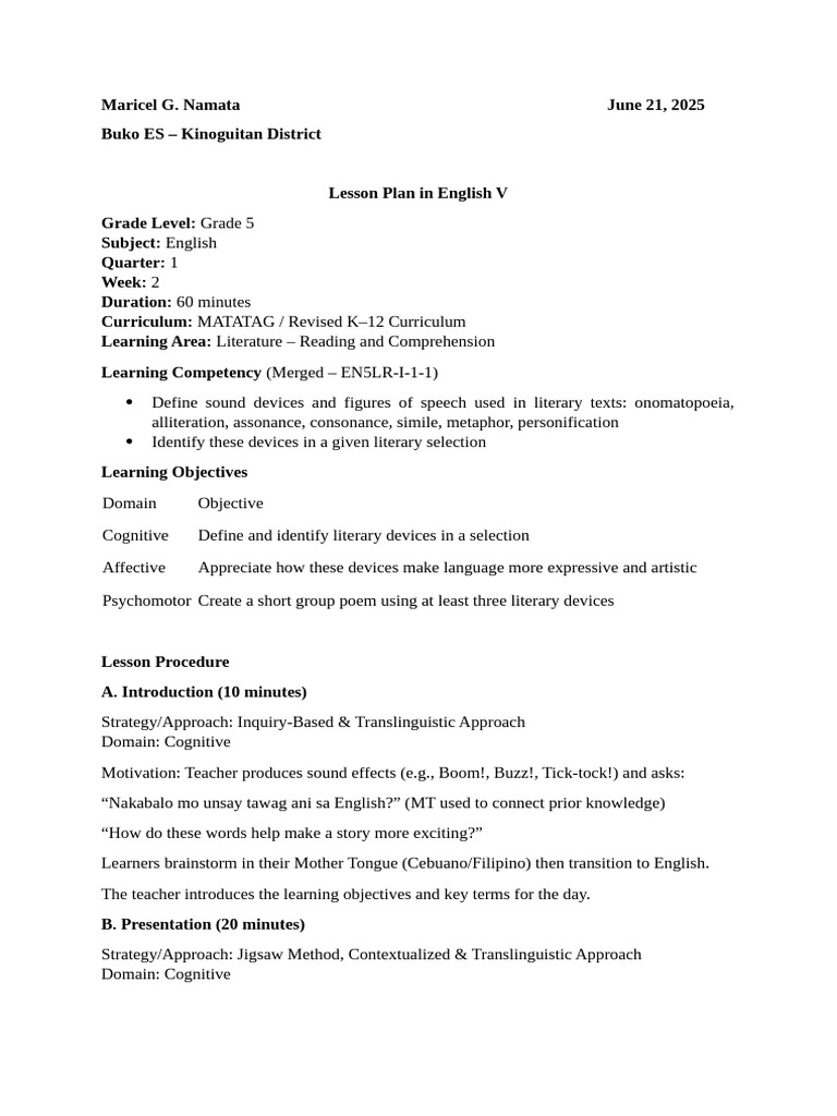 Lesson Plan in English V | PDF | Lesson Plan | Narrative