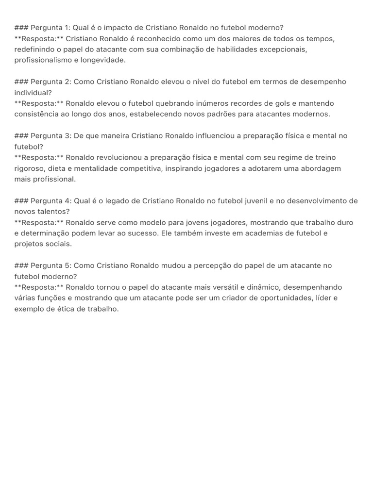 Pergunta 1: Qual é o impacto de Cristiano Ronaldo no futebol moderno… | PDF