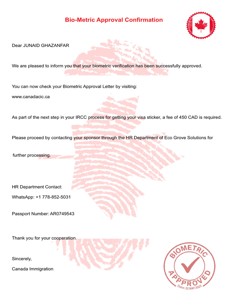 Biometric Approval Letter JUNAID GHAZANFAR Final | PDF