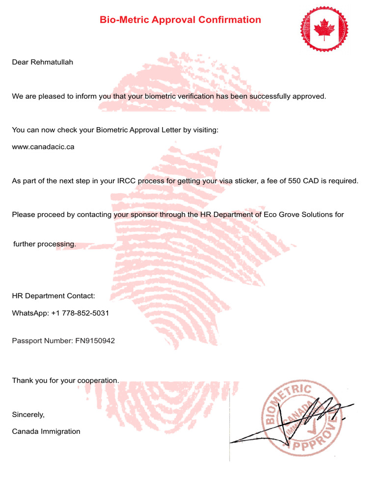 Biometric Approval Confirmation Letter | PDF
