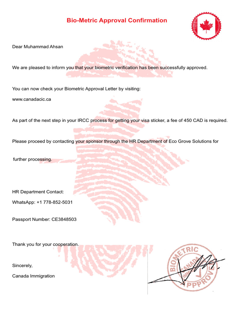 Biometric Approval Letter Muhammad Ahsan | PDF