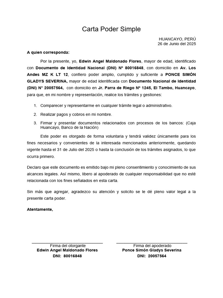 Carta Poder Simple para Trámites Legales | PDF