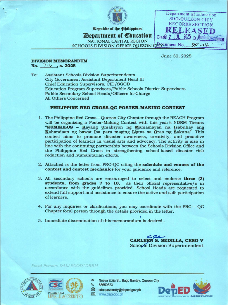 DM No. 716 S. 2025 Philippine Red Cross QC Poster Making Contest | PDF