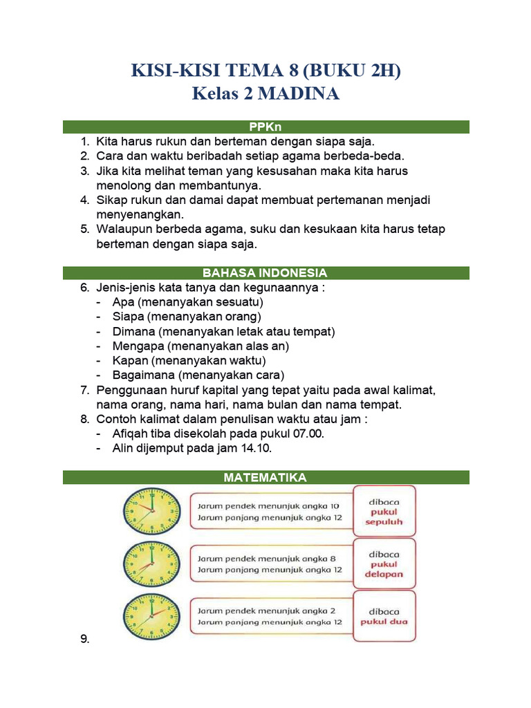 Kisi-kisi Tema 8 (Buku 2h) Madina | PDF