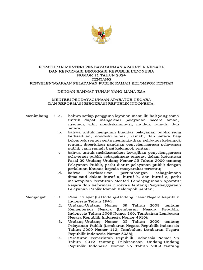 Permenpanrb No 11 Tahun 2024 Pelayanan Publik Ramah Kelompok Rentan | PDF
