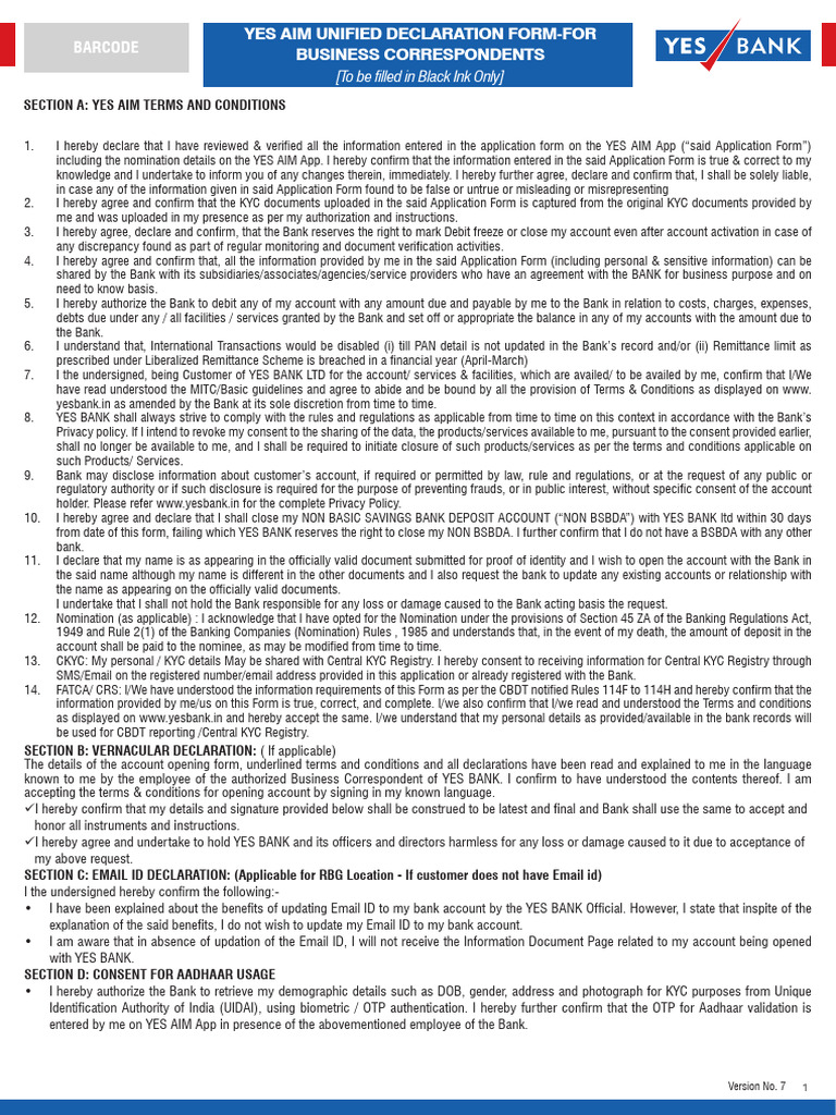 YES AIM Unified Declaration Form | PDF