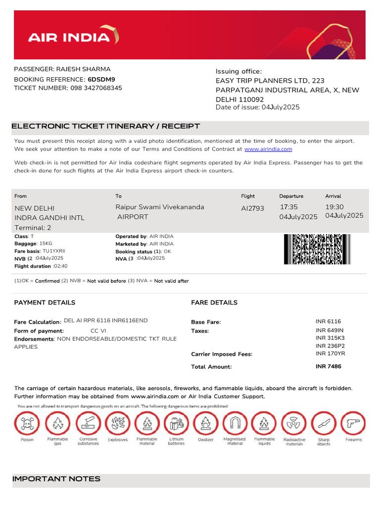 Air India Web Booking ETicket Rajesh Sharma | PDF