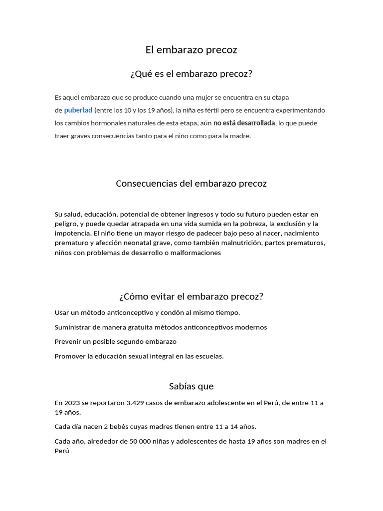 Embarazo precoz: Consecuencias y prevención | PDF