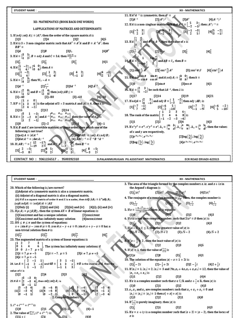 12th Maths EM Book Back One Mark Question Papers English Medium PDF Download | PDF | Matrix ...