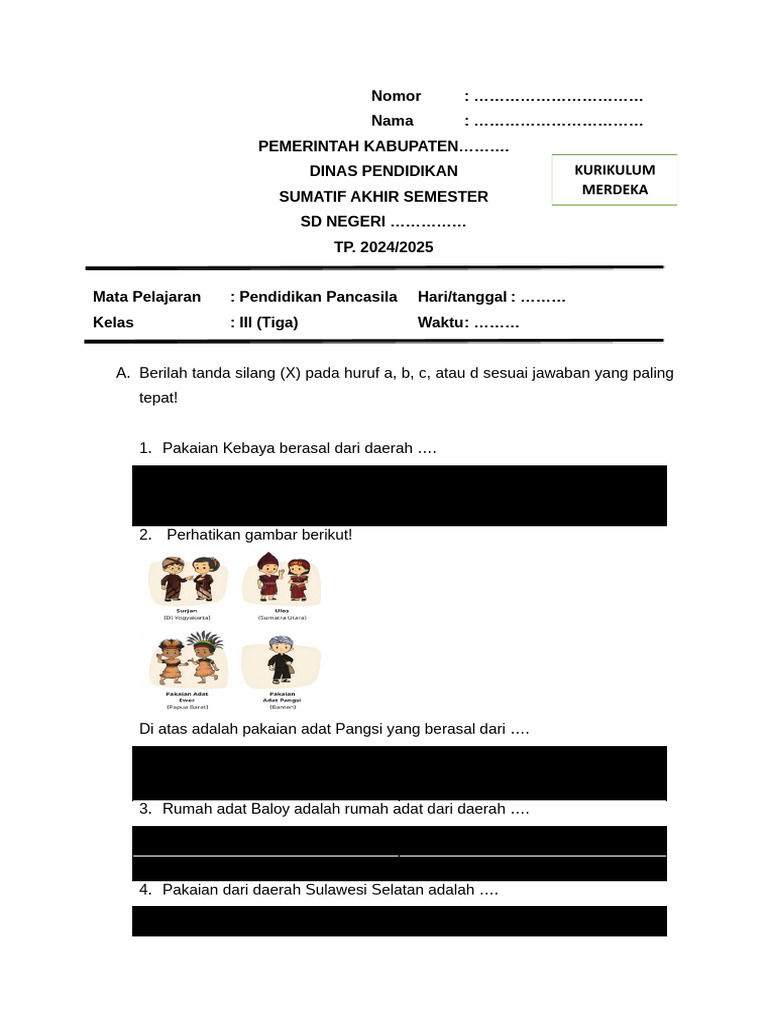 1. Naskah Soal SAT Pend. Pancasila Kls 3.Docx | PDF