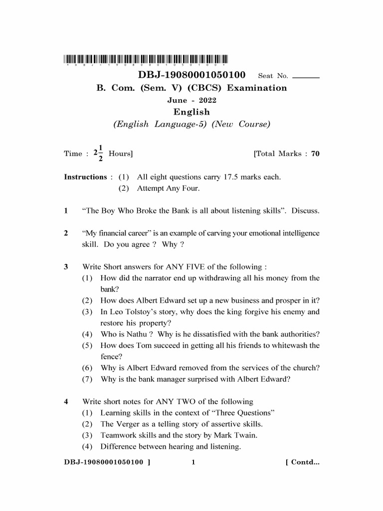 Bcom Sem-5 (Remi-2019) June-2022 English Language-5 | PDF