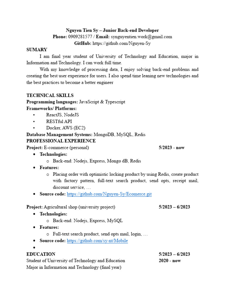 CV NguyenTienSy Backend Developer | PDF