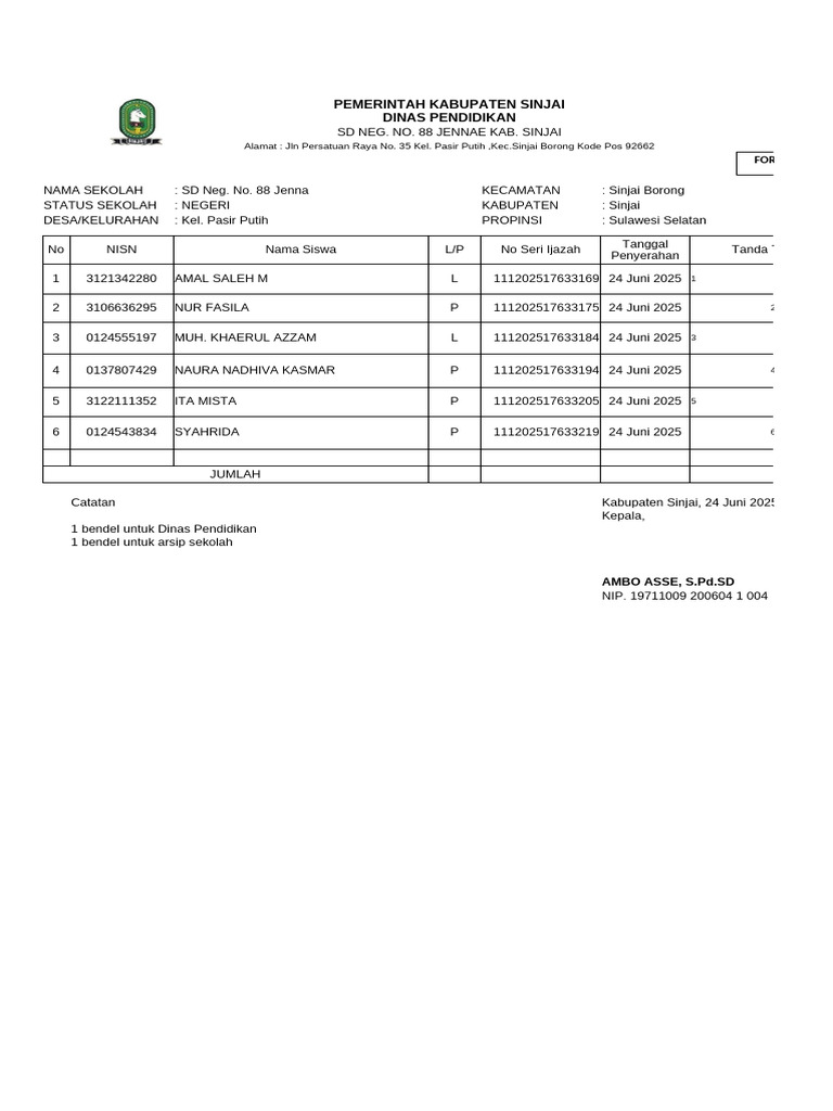 Format PK-7 Daftar Penyerahan Ijazah | PDF