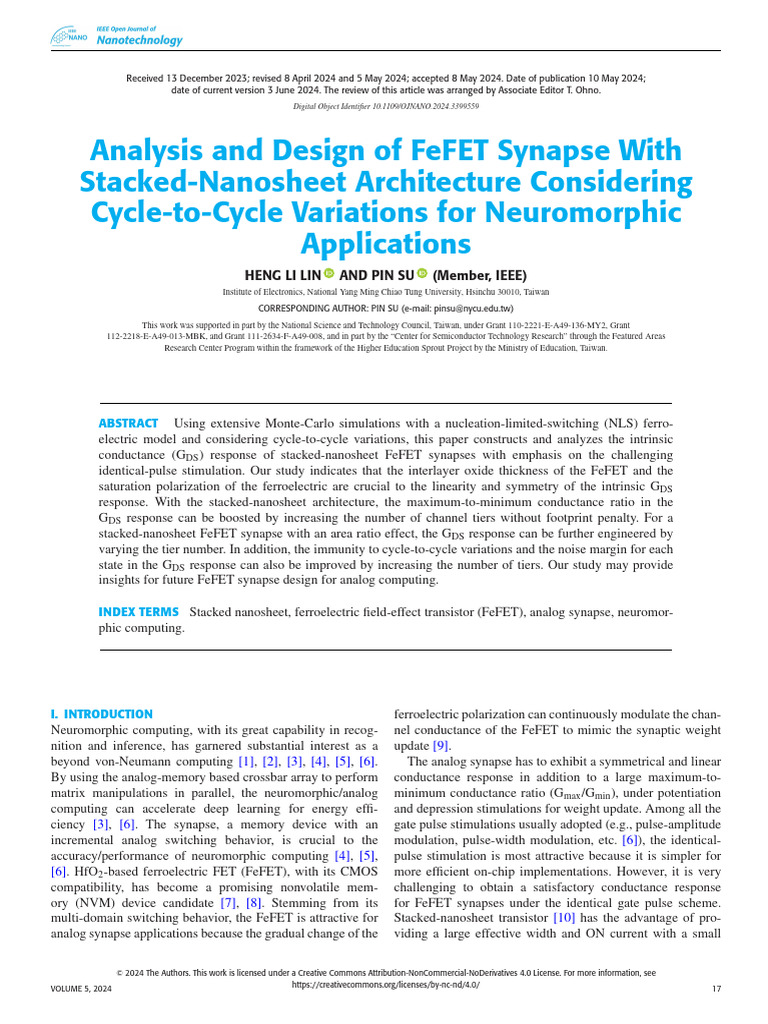 Analysis and Design of FeFET Synapse With Stacked-Nanosheet Architecture Considering Cycle-to ...