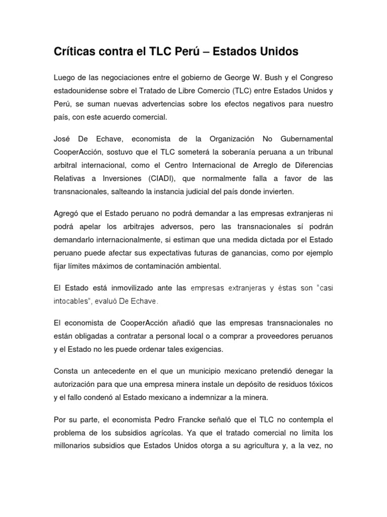 Críticas Contra El TLC Perú | PDF | Perú | Corporación multinacional