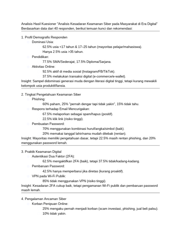 Analisis Hasil Kuesioner - Analisis Kesadaran Keamanan Siber Pada Masyarakat Di Era Digital | PDF