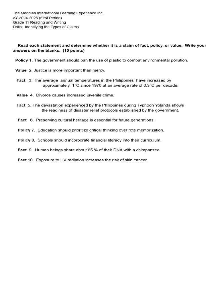 RW - Drills - Identifying The Type of Claims | PDF