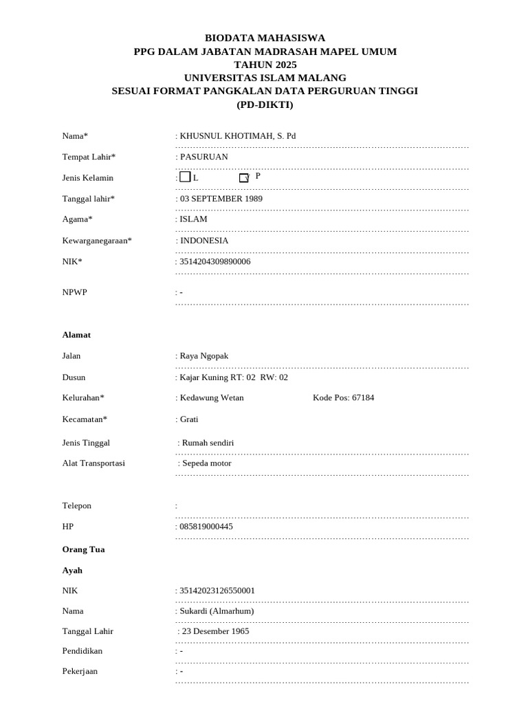 Biodata Mahasiswa PPG 2025 1 | PDF