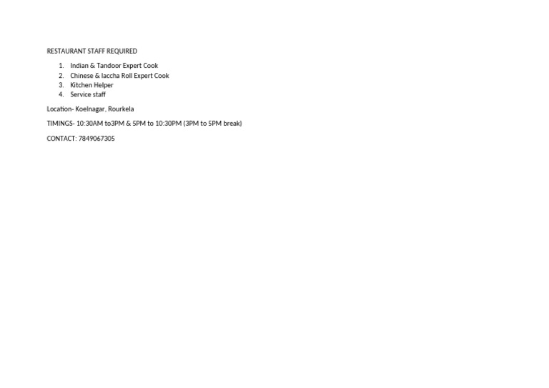 Restaurant Staff Required | PDF